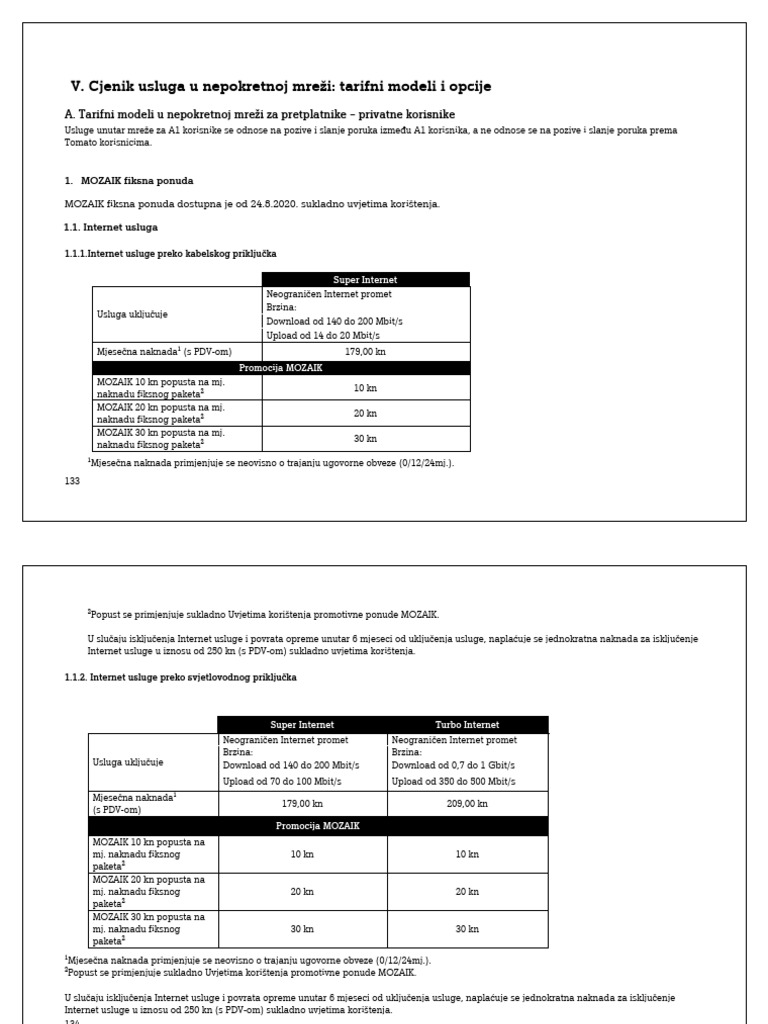 V.Cjenik Usluga U Nepokretnoj Mreži: Tarifni Modeli I Opcije | PDF