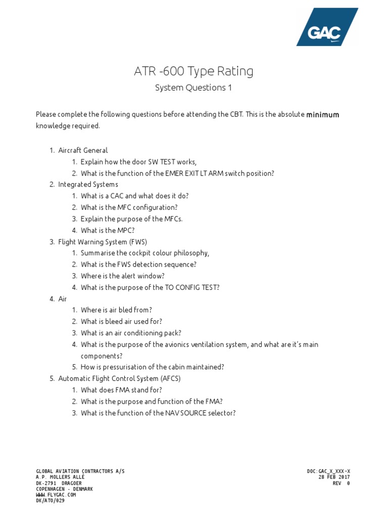 ATR - 600 Type Rating: System Questions 1 | PDF | Aircraft Flight ...