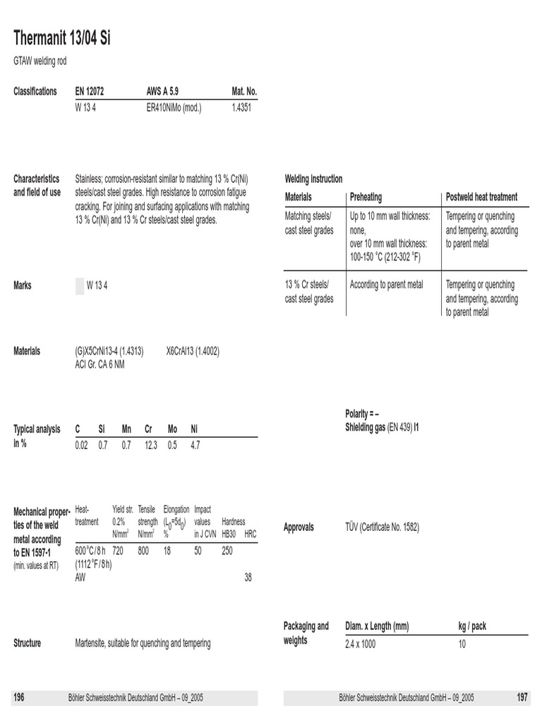 Thermanit 13/04 Si Welding Guide | PDF | Stainless Steel | Steel