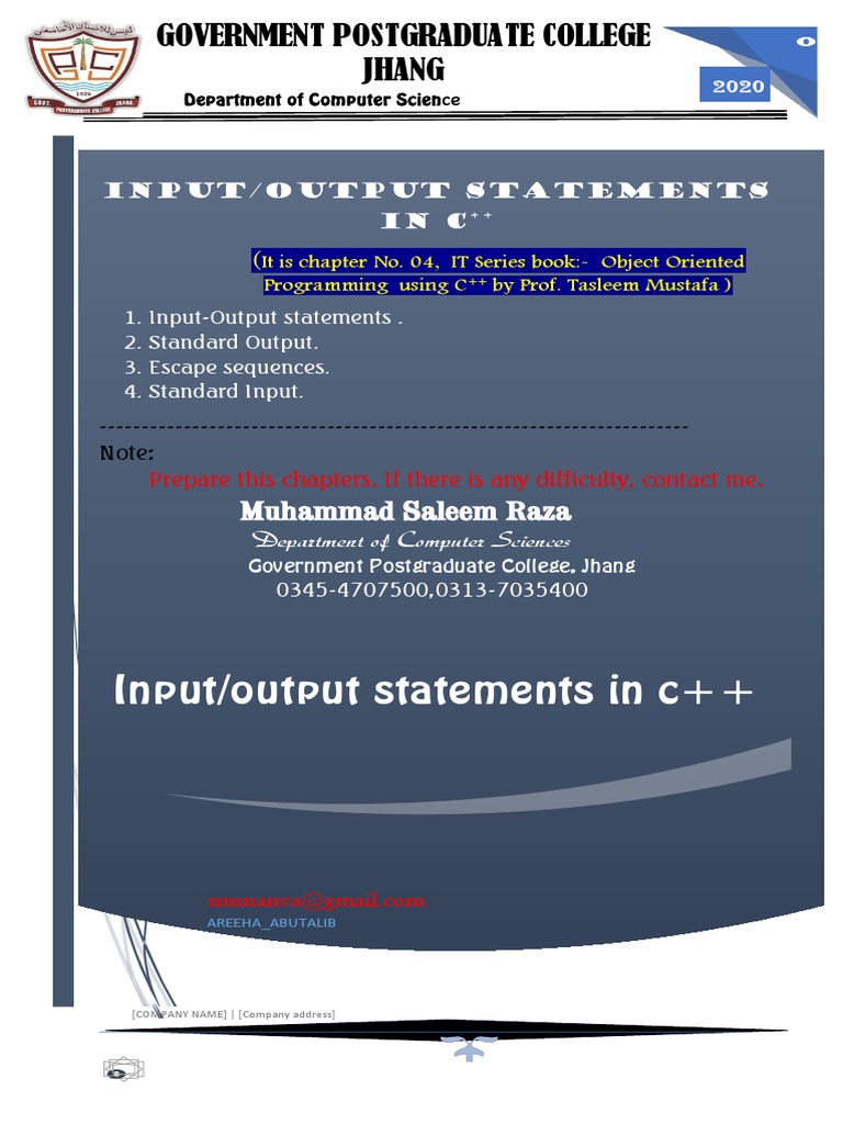 Input/output Statements in C++: Muhammad Saleem Raza | PDF | Input ...