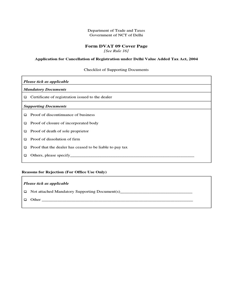 Form DVAT 09 Cover Page: Application For Cancellation of Registration ...