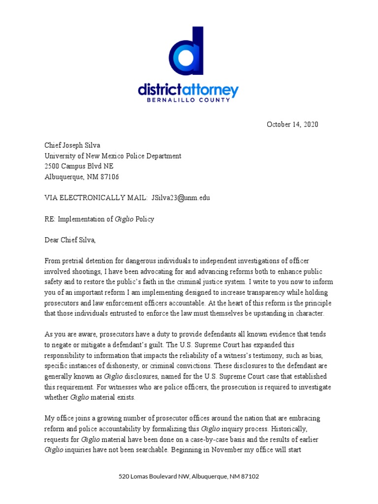 Giglio Letter To Local Law Enforcement | PDF | Prosecutor | Witness