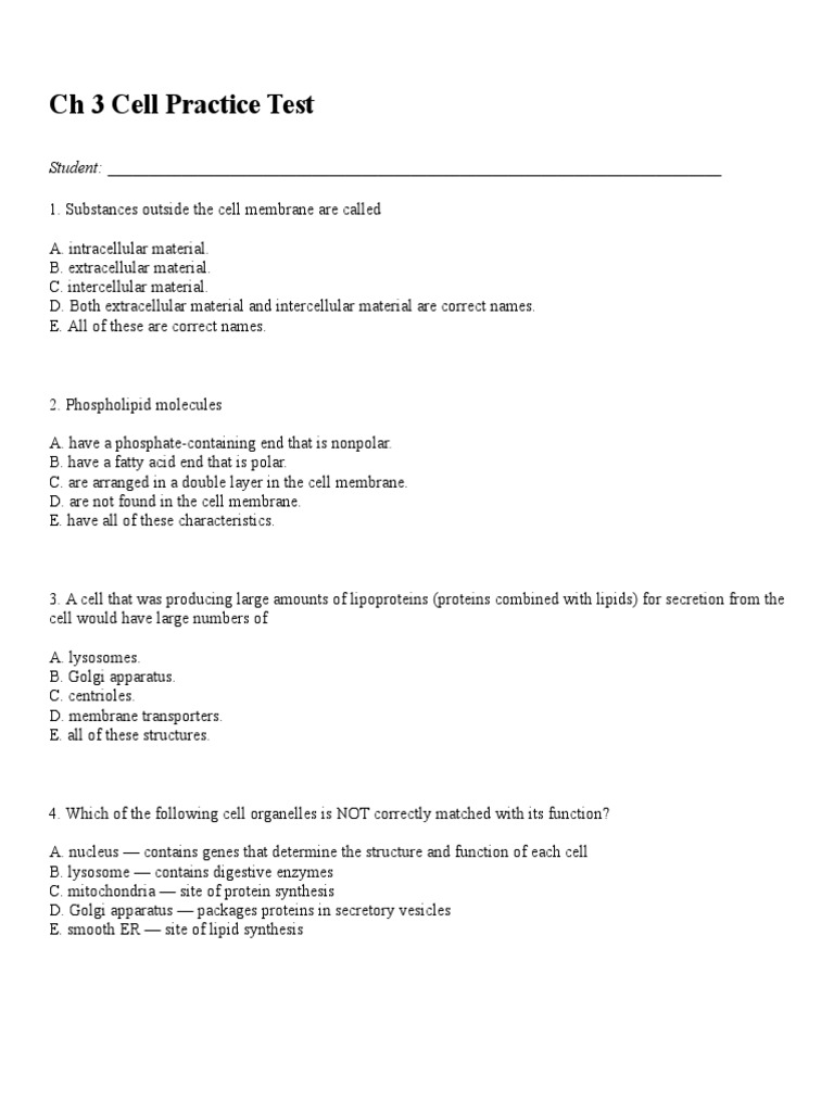 CH 3 Cell Practice Test: Student | PDF | Translation (Biology) | Cell ...
