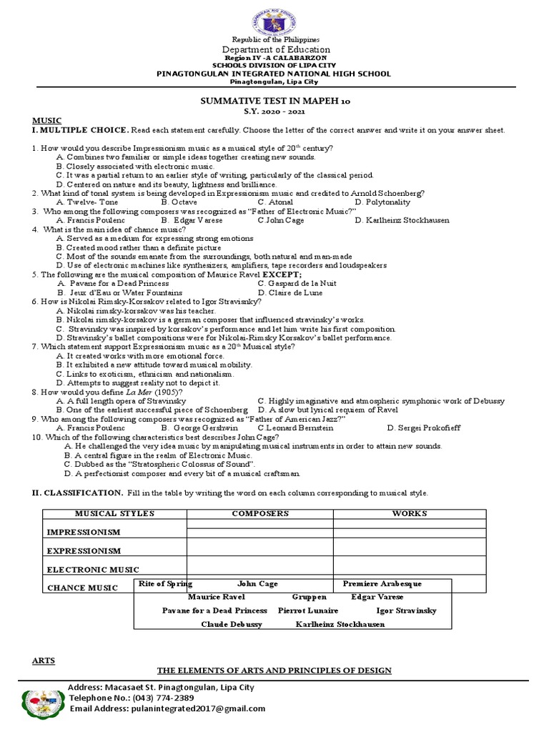 Department of Education: Summative Test in Mapeh 10 | PDF | Strength ...