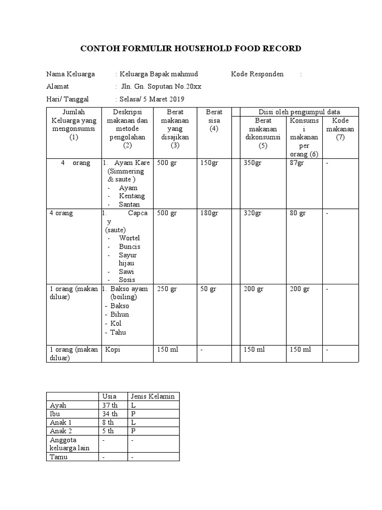 Contoh Formulir Household Food Record | PDF