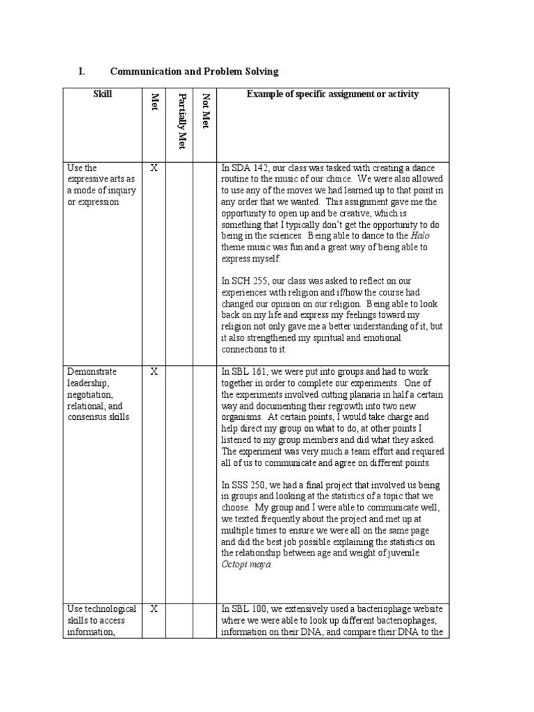 I. Communication and Problem Solving: Skill Example of Specific ...