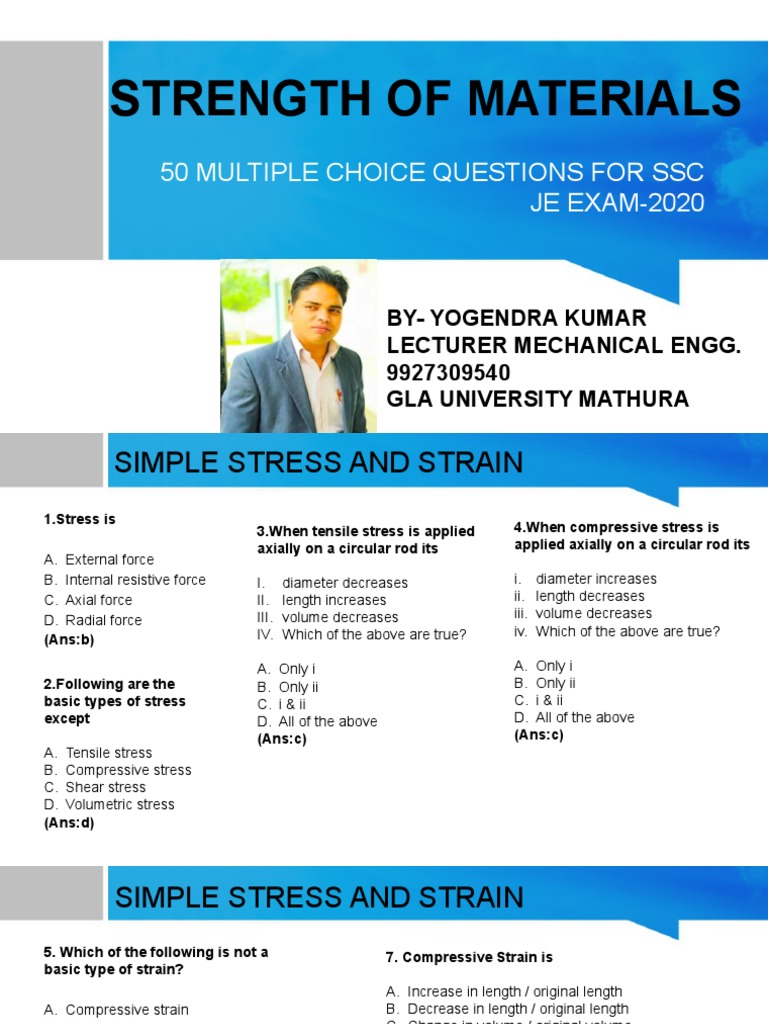 Strength of Materials: 50 Multiple Choice Questions For SSC JE EXAM ...