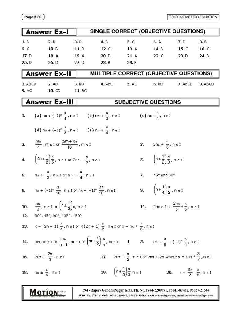 Answer Ex-I: Single Correct (Objective Questions) | PDF | Mathematical ...