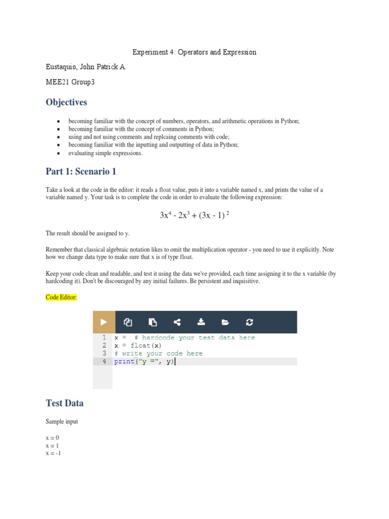 Objectives: Experiment 4: Operators and Expression Eustaquio, John Patrick A. MEE21 Group3 | PDF ...