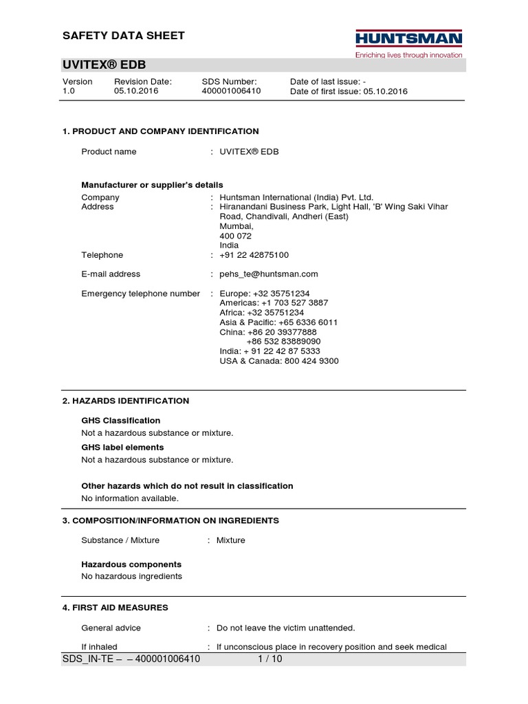 Uvitex Edb MSDS | PDF | Toxicity | Personal Protective Equipment