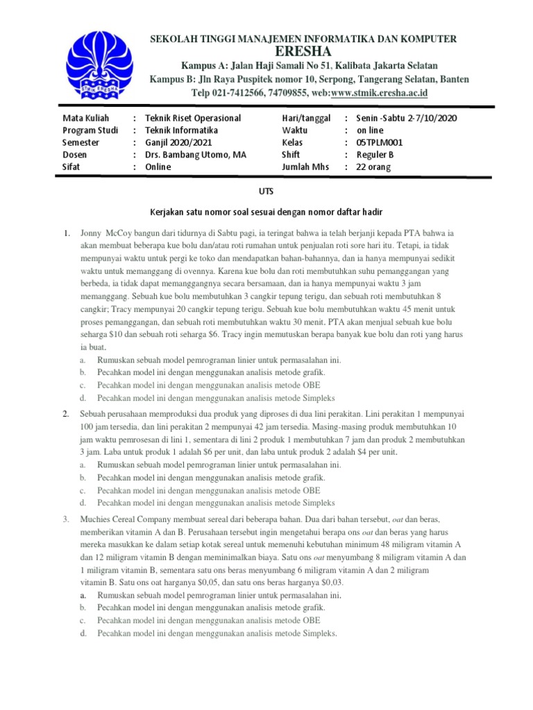 UTS Teknik Riset Operasional: Pemrograman Linier | PDF | Sains & Matematika | Teknologi & Rekayasa
