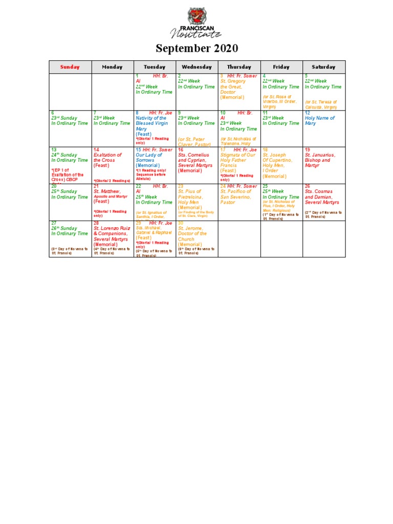 September-2020-Liturgical Calendar - Docx1 | PDF | Mary, Mother Of ...