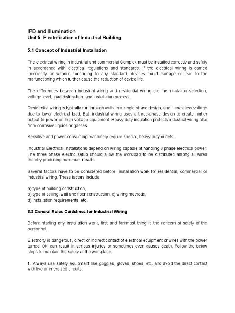 IPD and Illumination: Unit 5: Electrification of Industrial Building 5. ...