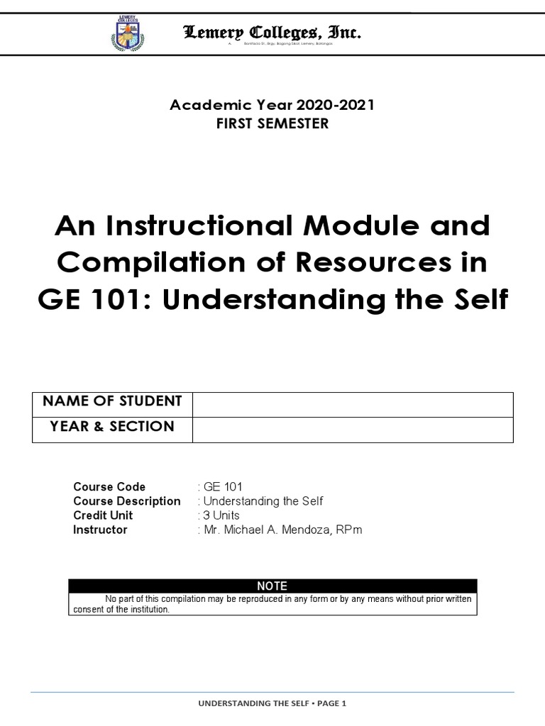 GE101-Understanding The Self-Lesson 1 | PDF | Self | Self Awareness
