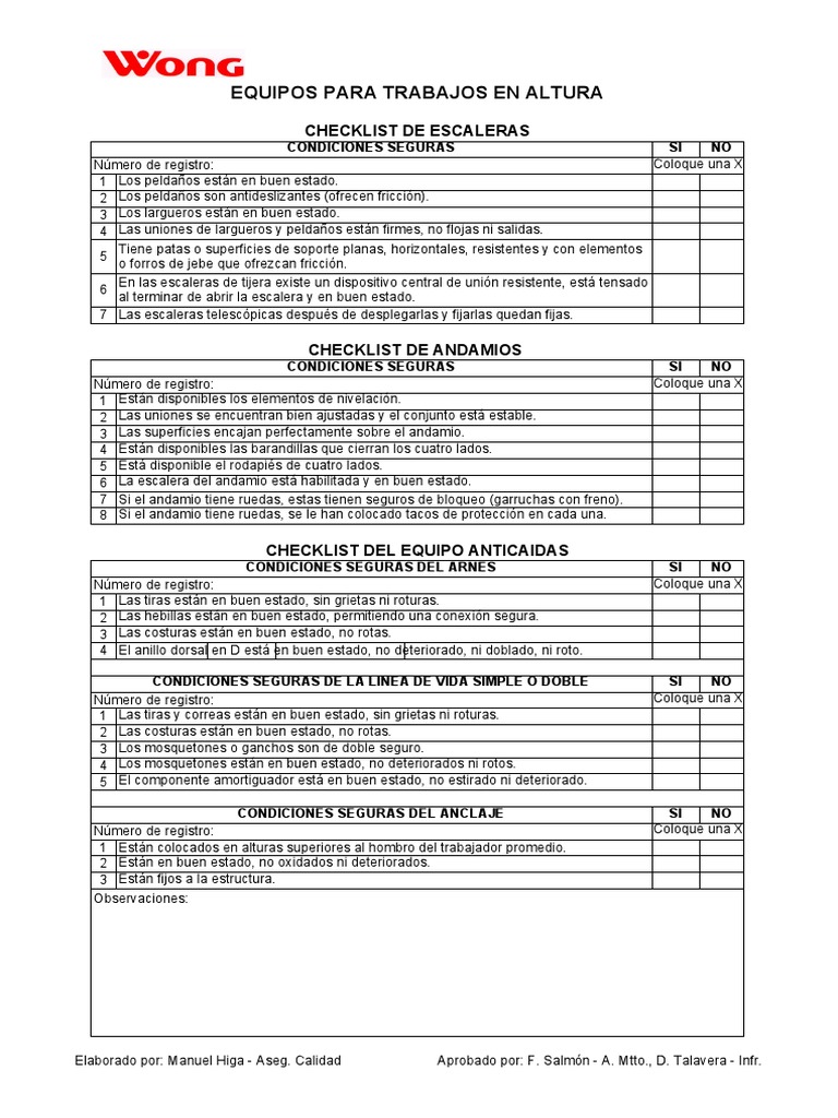 Checklist de Los Equipos para Trabajos en Altura | PDF | Andamio | Equipo