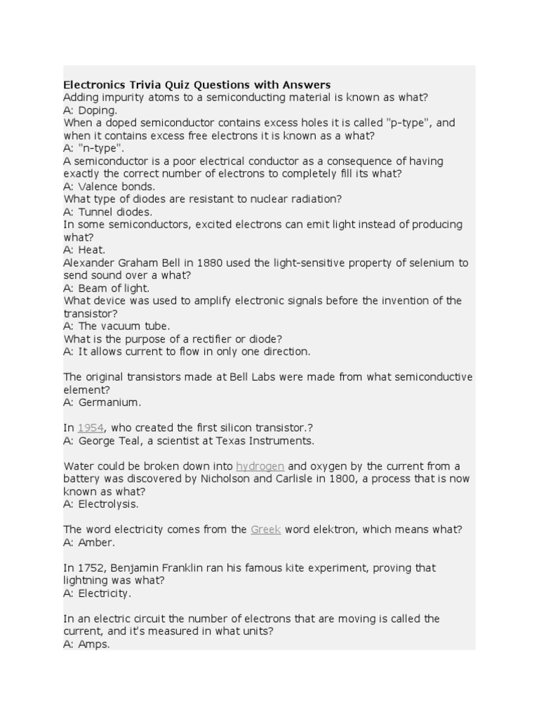 Electronics Trivia Quiz Questions With Answers | PDF | Diode | Transistor