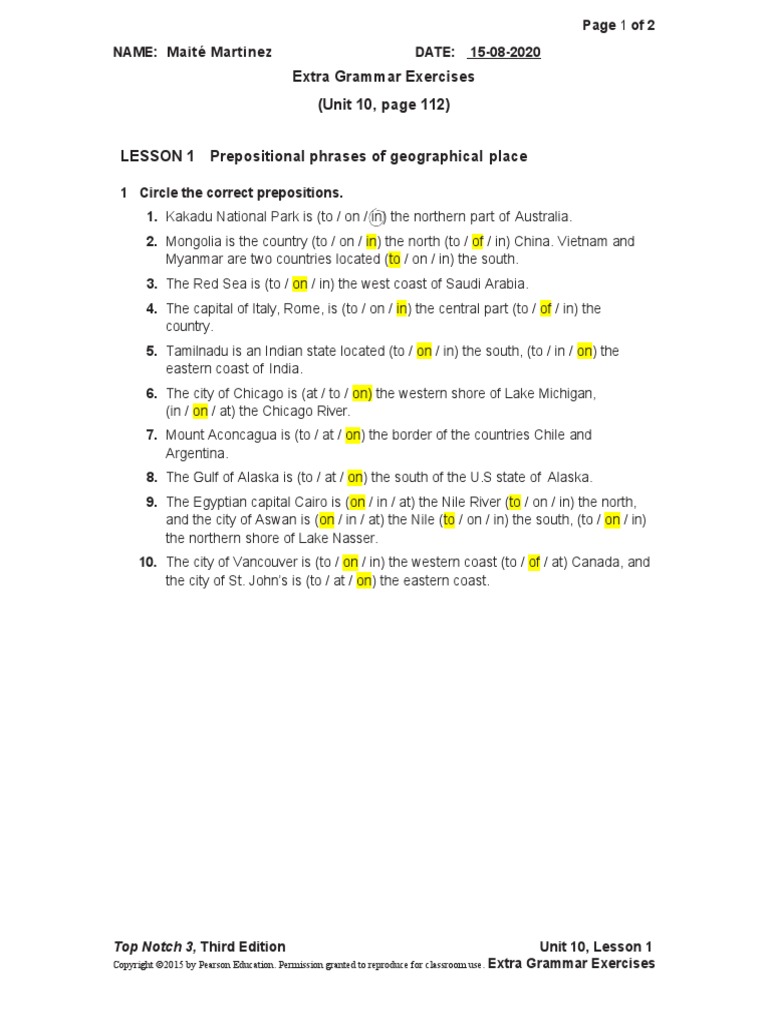 Extra Grammar Exercises (Unit 10, Page 112) : Top Notch 3, Third Edition | PDF | Geography