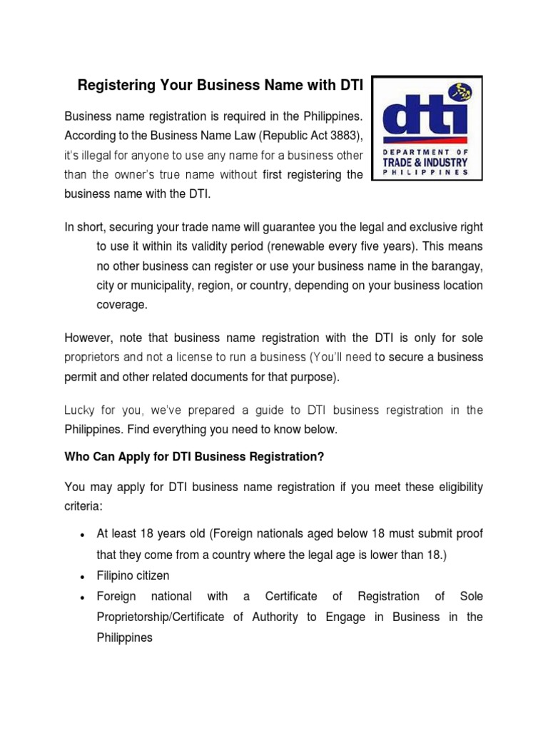 Registering Your Business Name With DTI PDF | PDF | Government ...