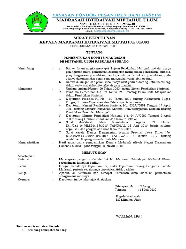Contoh SK Komite Sekolah | PDF