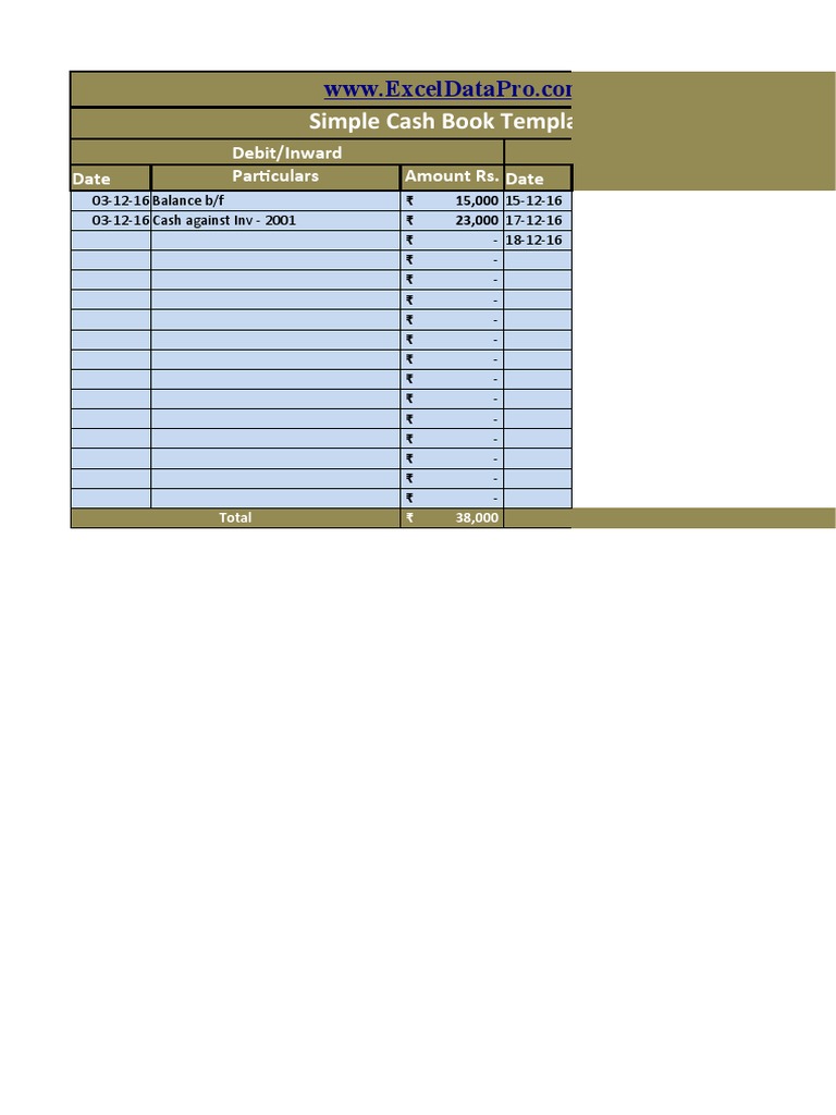 Simple Cash Book Template: Debit/Inward Credit/Outward Date Particulars ...