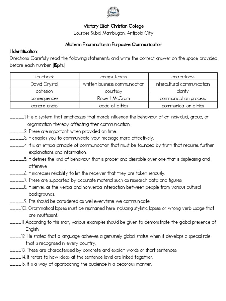 Purposive Communication Midterm Exam | PDF | Communication | Human ...