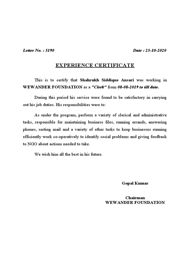 NGO Experience Certificate for Clerk | PDF