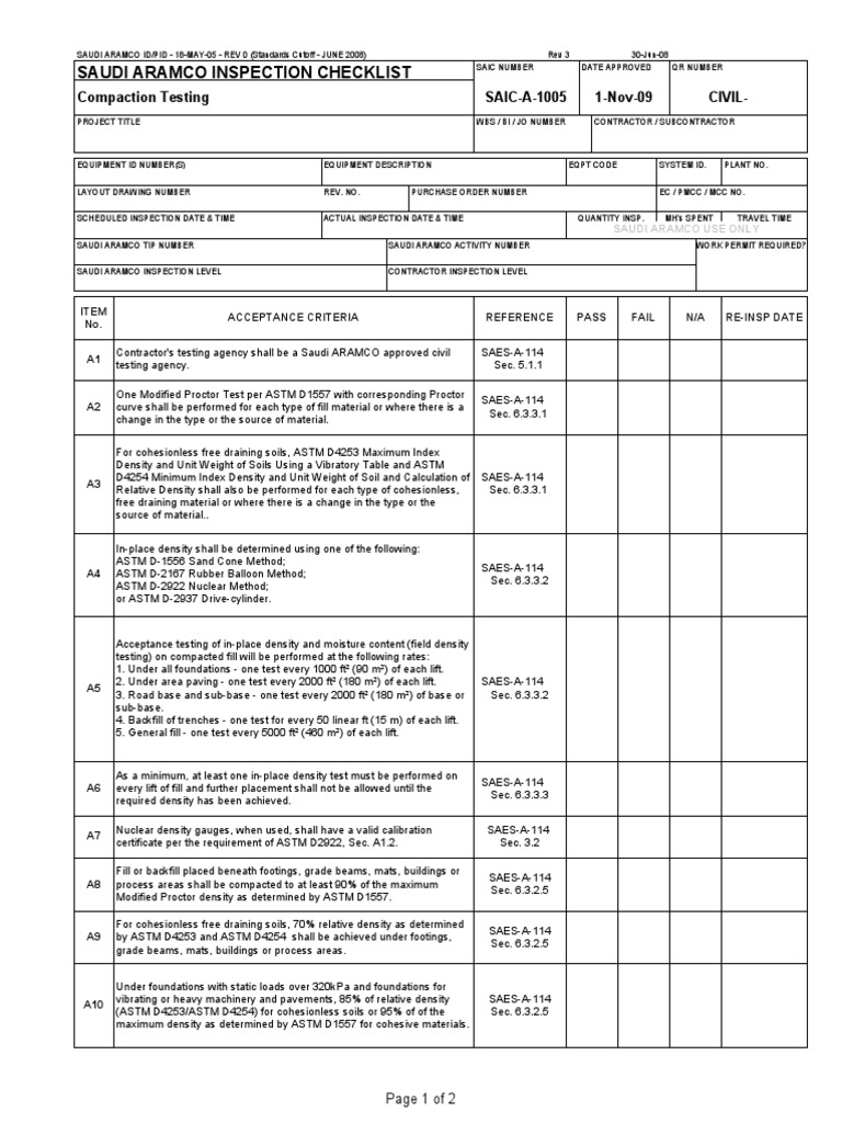 Saudi Aramco Inspection Checklist: Compaction Testing SAIC-A-1005 1-Nov ...