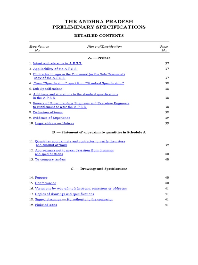 The Andhra Pradesh Preliminary Specifications: Detailed Contents | PDF ...