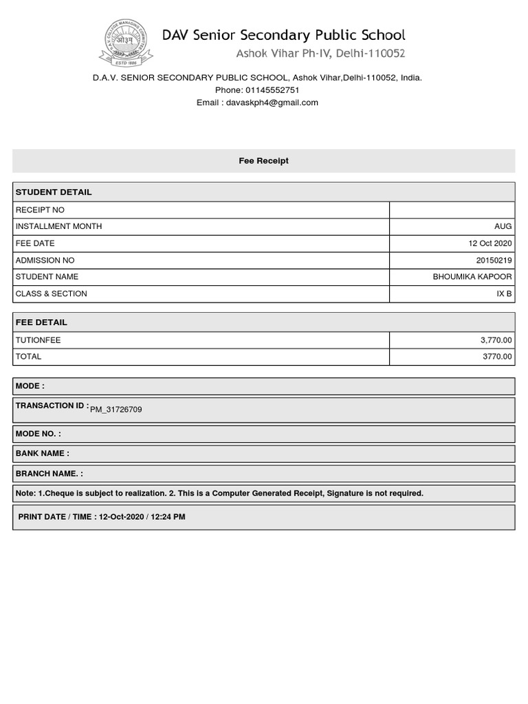 School Fee Receipt for Parents | PDF