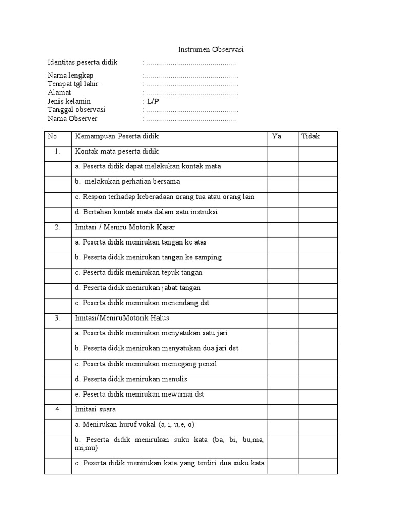 Lembar Asesmen Peserta Didik Autis | PDF