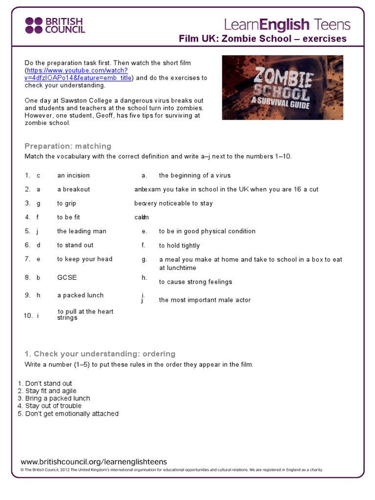 Film UK: Zombie School - Exercises: Preparation: Matching | PDF ...