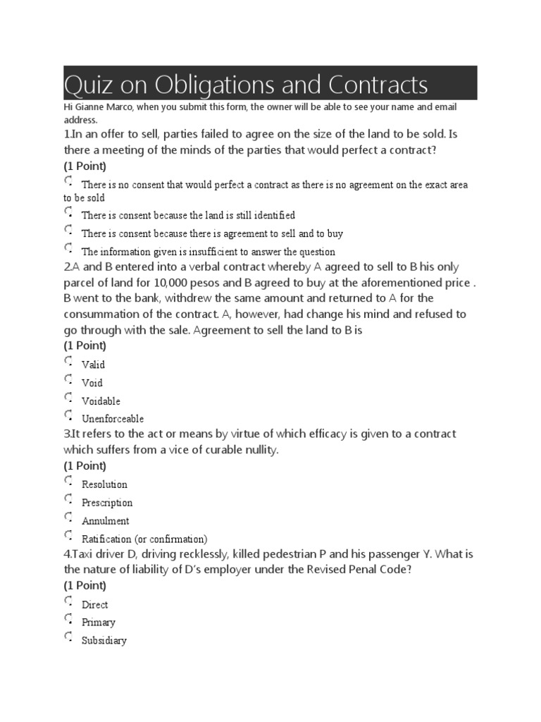 Quiz On Obligations and Contracts | PDF | Law Of Obligations | Civil Law (Legal System)
