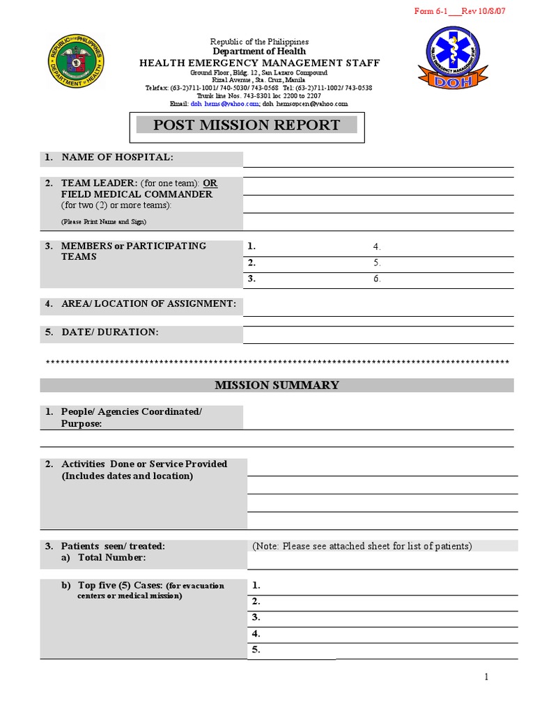 Post Mission Report: (For One Team) : OR (For Two (2) or More Teams ...