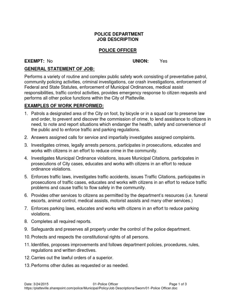 Police Department Job Description Police Officer Exempt: No Union ...