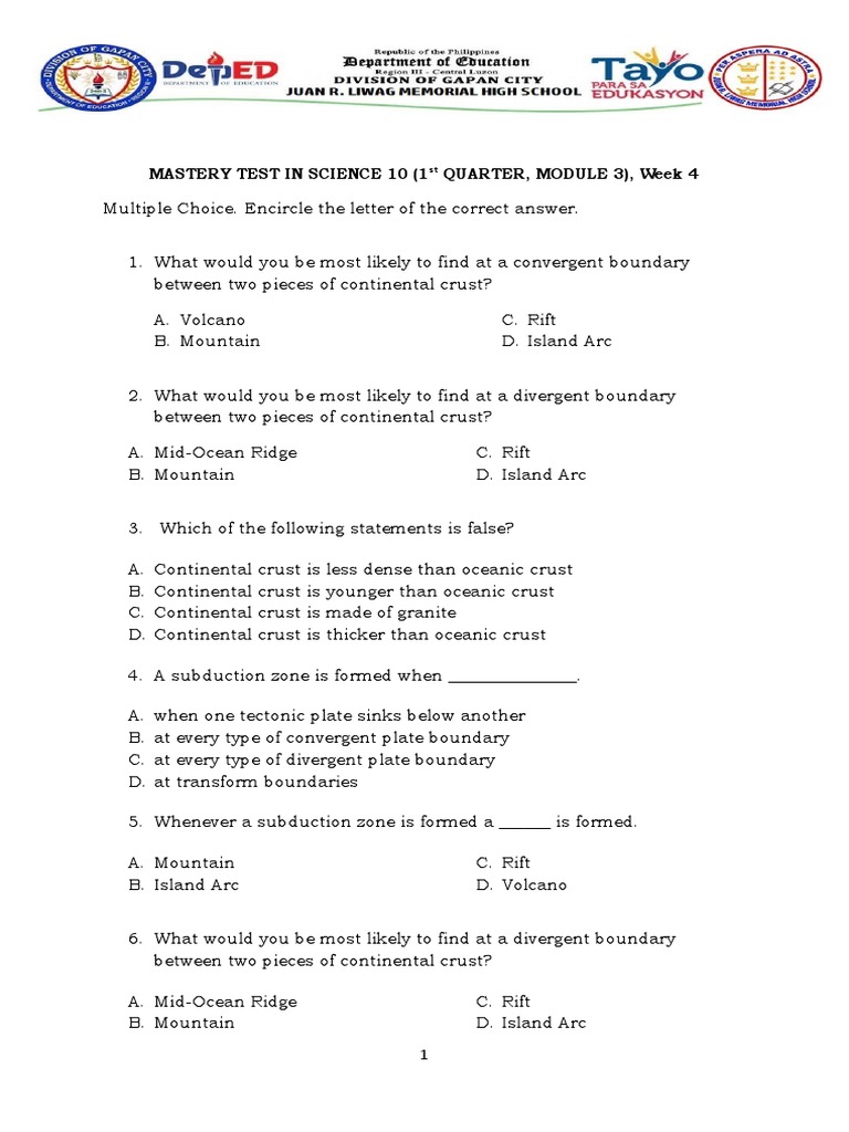 MASTERY TEST IN SCIENCE 10 Module 3 Week 4 | PDF | Plate Tectonics ...
