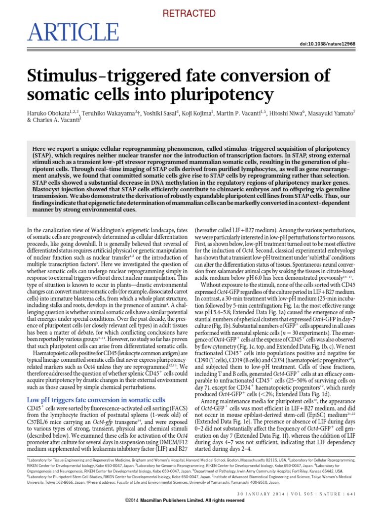 ++RETRACTED++2013-1 Nature Obokata STAP PDF | PDF | Cell Potency ...