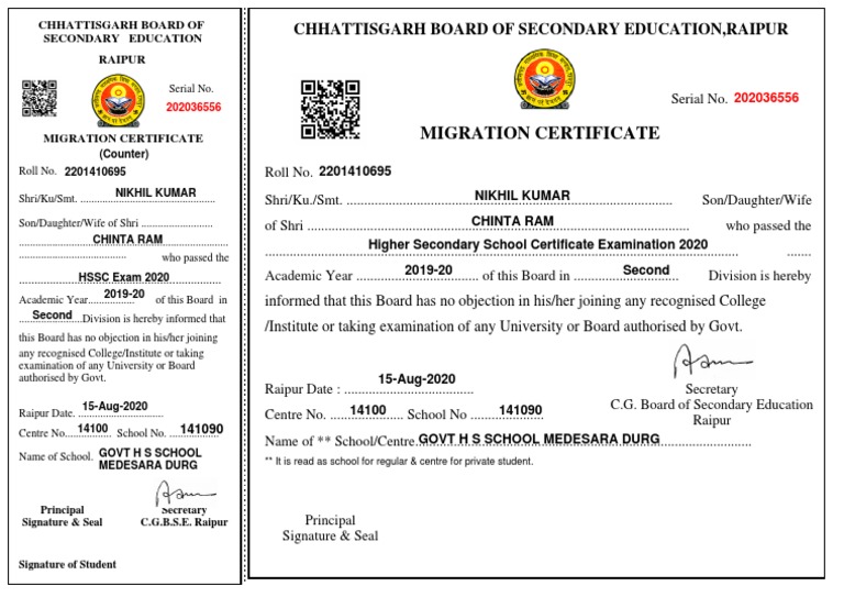 Migration Certificate: Chhattisgarh Board of Secondary Education ...