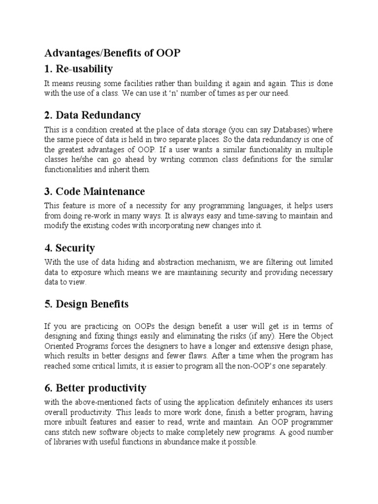 Advantagesbenefits Of Oop 1 Re Usability Pdf Object Oriented Programming Class Computer