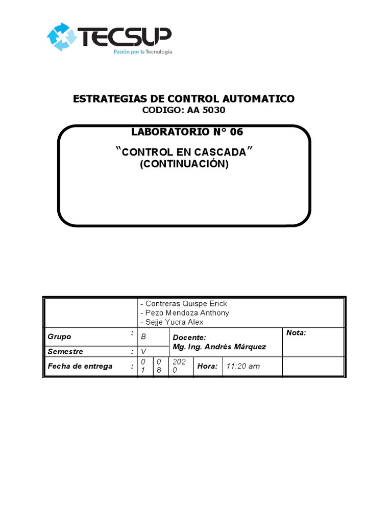 Laboratorio N°6 Control en Cascada PARTE 5 | PDF | Sistema de control ...