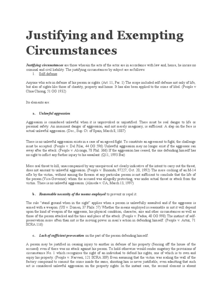 Justifying and Exempting Circumstances | PDF | Mens Rea | Crime & Violence
