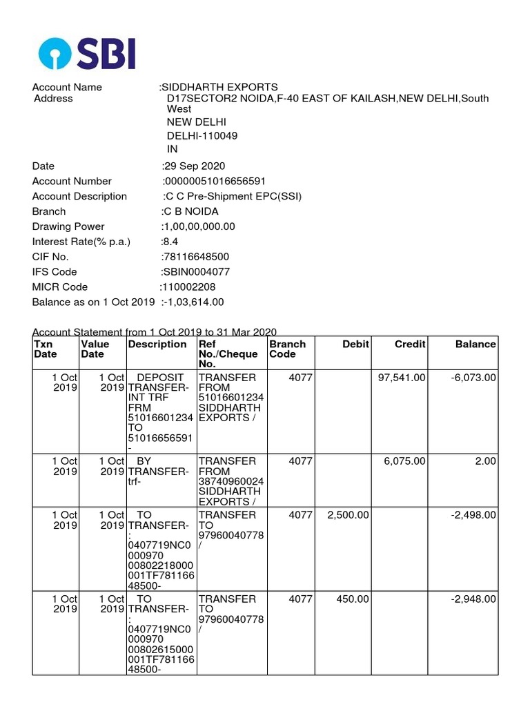 Bank Statement Sbi | PDF | Debits And Credits | Cheque