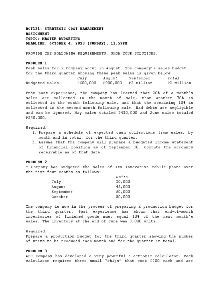 Act121: Strategic Cost Management Assignment Topic: Master Budgeting ...