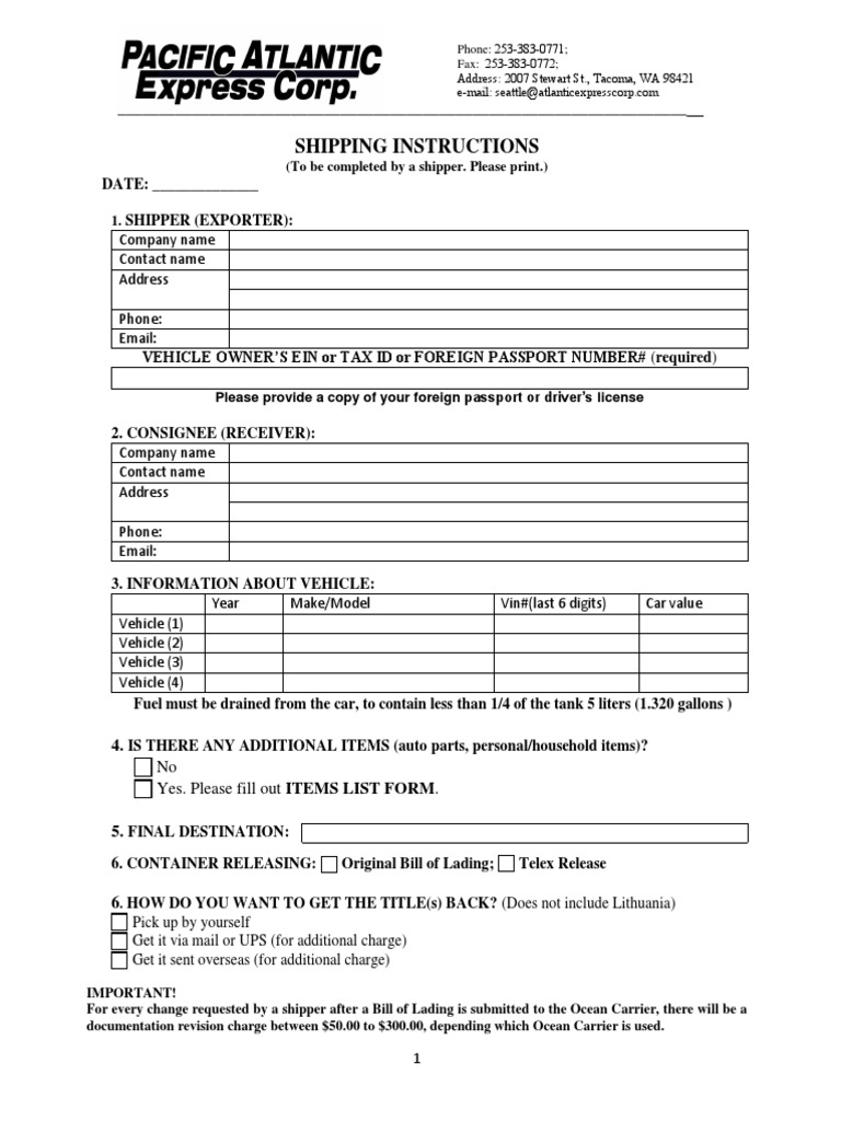 Shipping Instructions: No Yes. Please Fill Out ITEMS LIST FORM | PDF ...