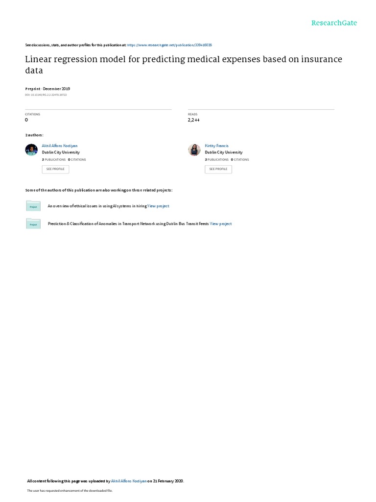 Linear Regression Model For Predicting Medical Expenses Based On Insurance Data | PDF ...