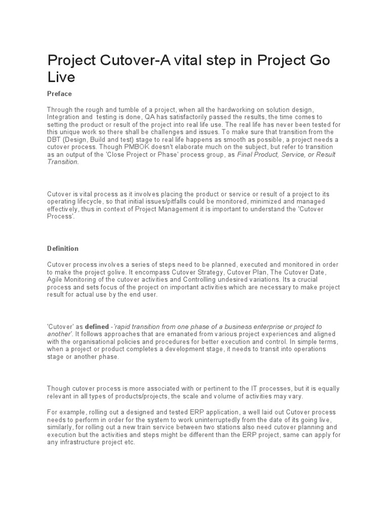 Project Cutover-A Vital Step in Project Go Live: Preface | PDF ...