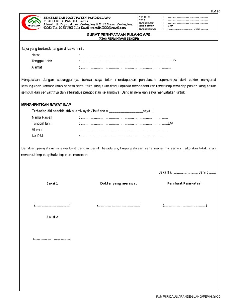 Surat Pernyataan Pulang APS RSUD Aulia | PDF