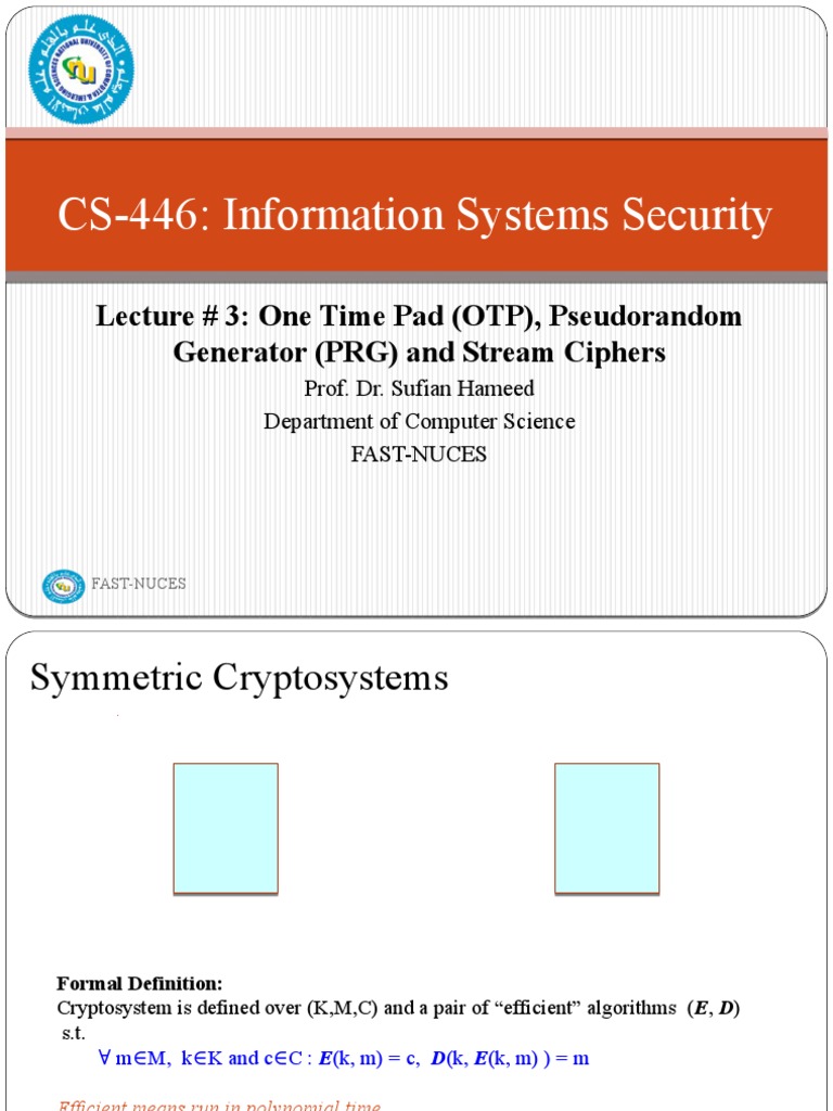Lecture 3 OTP, PRG and Stream Cipher | PDF | Encryption | Key (Cryptography)