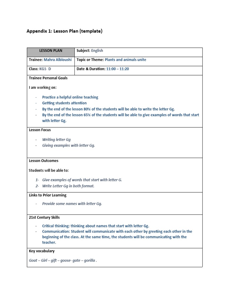 1 Lesson Plan Letter G | PDF | Lesson Plan | Behavior Modification