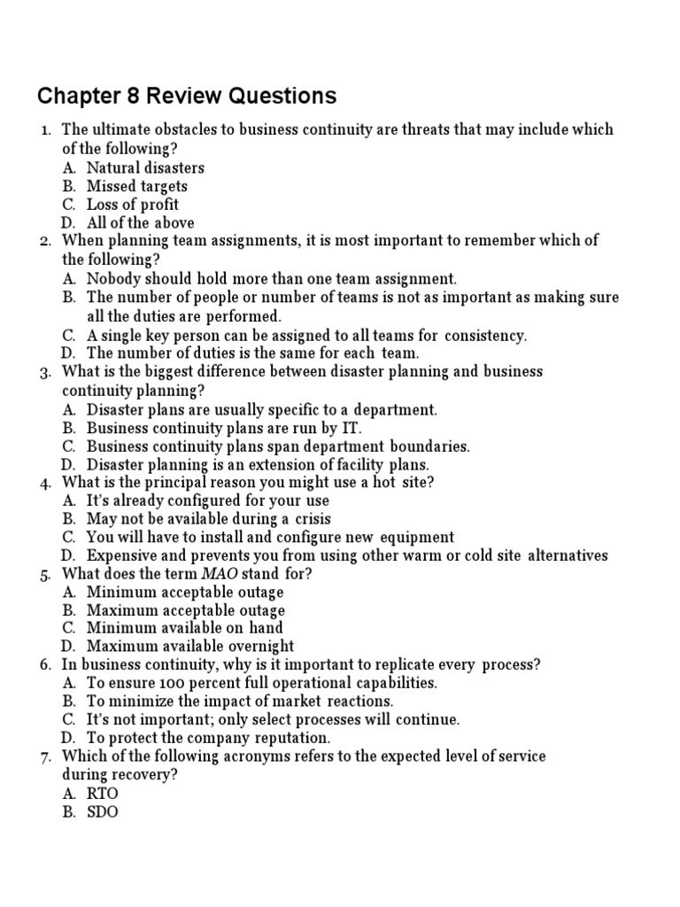Chapter 8 Business Continuity Review Questions | PDF | Disaster ...