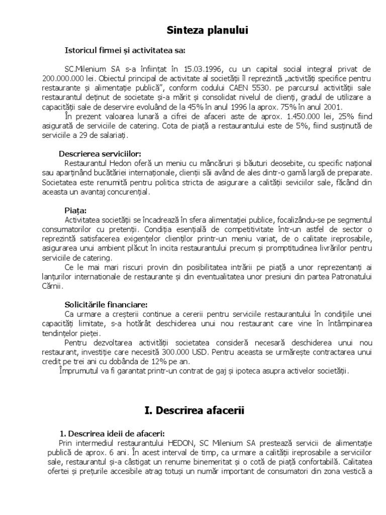 Plan de Afacere - Restaurant | PDF